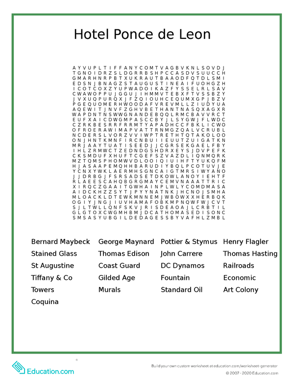 Hotel Ponce de Leon Word Search - Flagler's Legacy